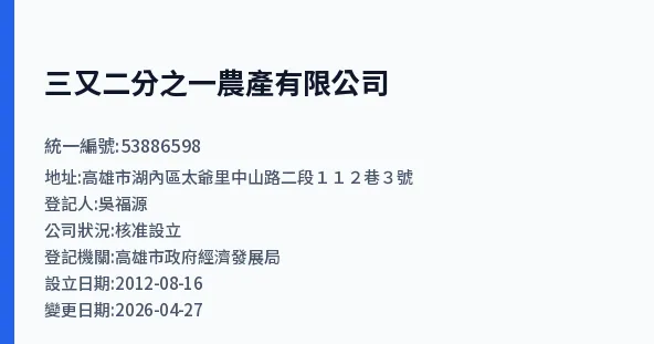 三又二分之一農產有限公司的照片-統編 53886598(高雄市) 公司登記資料與營業項目詳細圖表