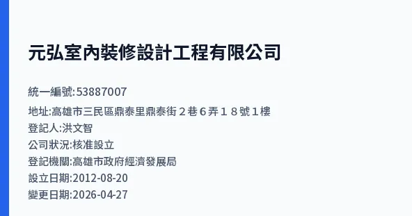 元弘室內裝修設計工程有限公司的照片-統編 53887007(高雄市) 公司登記資料與營業項目詳細圖表
