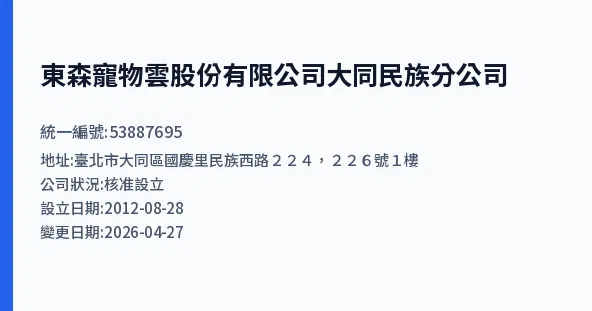 東森寵物雲股份有限公司大同民族分公司的照片-統編 53887695(臺北市) 公司登記資料與營業項目詳細圖表