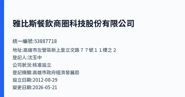 雅比斯餐飲商圈科技股份有限公司的照片-統編 53887718(高雄市) 公司登記資料與營業項目詳細圖表