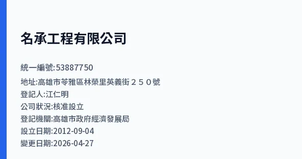 名承工程有限公司的照片-統編 53887750(高雄市) 公司登記資料與營業項目詳細圖表
