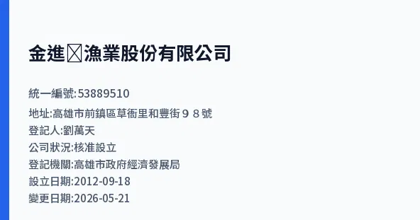 金進䳟漁業股份有限公司的照片-統編 53889510(高雄市) 公司登記資料與營業項目詳細圖表