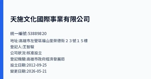 天施文化國際事業有限公司的照片-統編 53889820(高雄市) 公司登記資料與營業項目詳細圖表