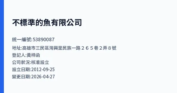 不標準的魚有限公司的照片-統編 53890087(高雄市) 公司登記資料與營業項目詳細圖表