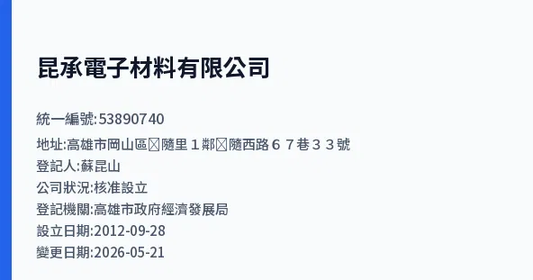 昆承電子材料有限公司的照片-統編 53890740(高雄市) 公司登記資料與營業項目詳細圖表