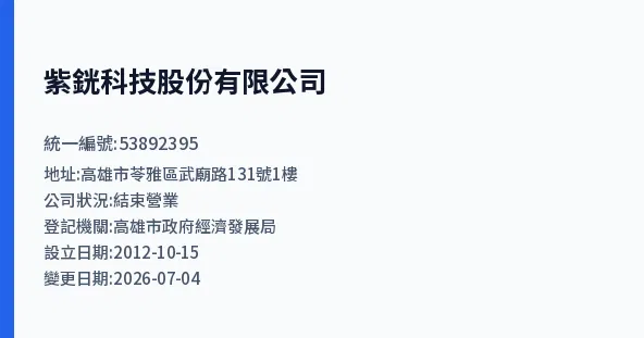 紫銧科技股份有限公司的照片-統編 53892395(高雄市) 公司登記資料與營業項目詳細圖表