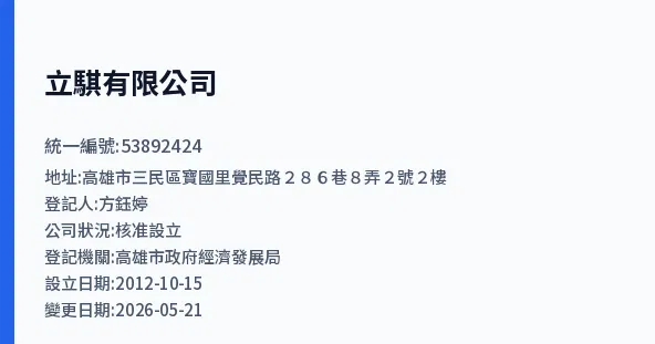 立騏有限公司的照片-統編 53892424(高雄市) 公司登記資料與營業項目詳細圖表