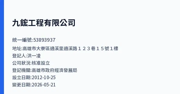 九鋐工程有限公司的照片-統編 53893937(高雄市) 公司登記資料與營業項目詳細圖表