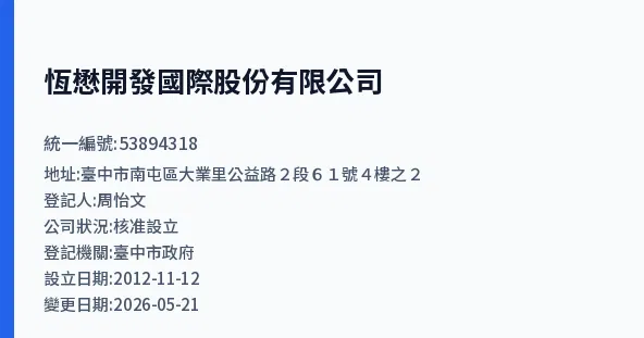 恆懋開發國際股份有限公司的照片-統編 53894318(臺中市) 公司登記資料與營業項目詳細圖表