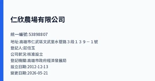 仁欣農場有限公司的照片-統編 53898807(高雄市) 公司登記資料與營業項目詳細圖表
