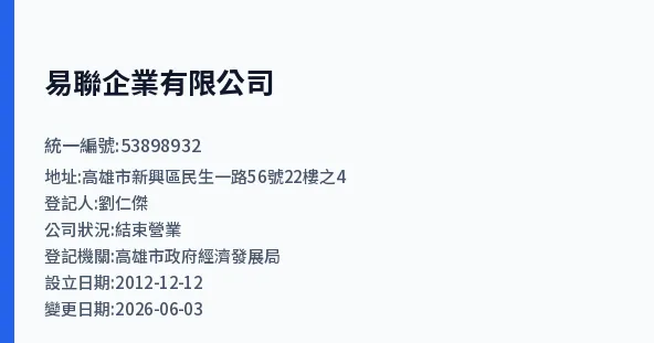 易聯企業有限公司的照片-統編 53898932(高雄市) 公司登記資料與營業項目詳細圖表