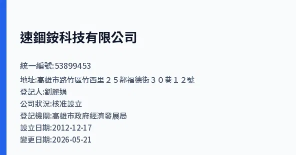 速錮銨科技有限公司的照片-統編 53899453(高雄市) 公司登記資料與營業項目詳細圖表