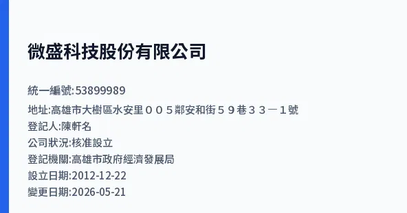 微盛科技股份有限公司的照片-統編 53899989(高雄市) 公司登記資料與營業項目詳細圖表