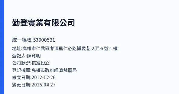 勤登實業有限公司的照片-統編 53900521(高雄市) 公司登記資料與營業項目詳細圖表