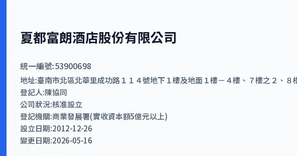 夏都富朗酒店股份有限公司的照片-統編 53900698(臺南市) 公司登記資料與營業項目詳細圖表