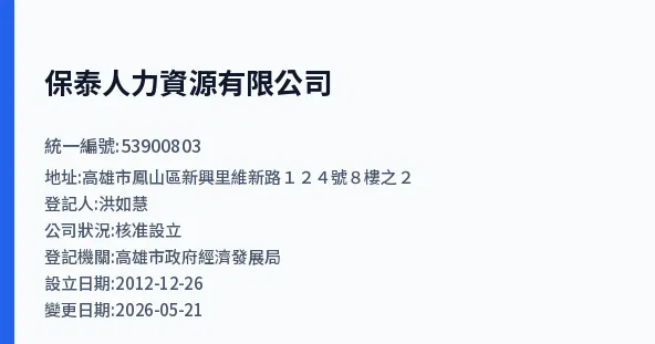 保泰人力資源有限公司的照片-統編 53900803(高雄市) 公司登記資料與營業項目詳細圖表