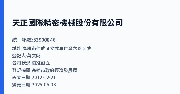 天正國際精密機械股份有限公司的照片-統編 53900846(高雄市) 公司登記資料與營業項目詳細圖表