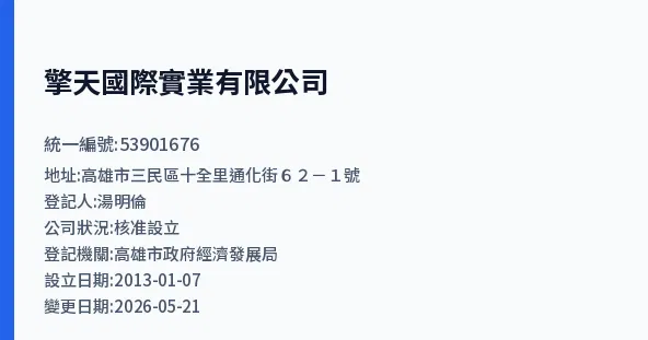 擎天國際實業有限公司的照片-統編 53901676(高雄市) 公司登記資料與營業項目詳細圖表