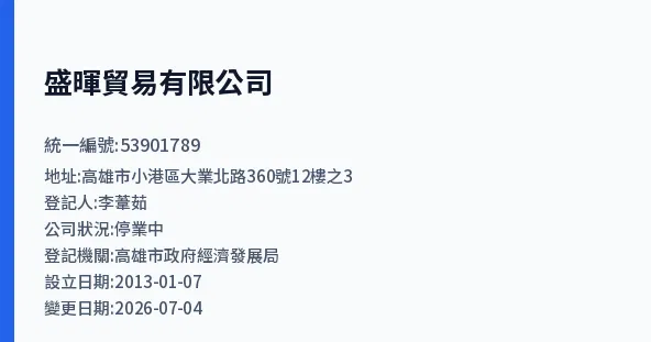 盛暉貿易有限公司的照片-統編 53901789(高雄市) 公司登記資料與營業項目詳細圖表