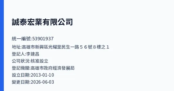 誠泰宏業有限公司的照片-統編 53901937(高雄市) 公司登記資料與營業項目詳細圖表