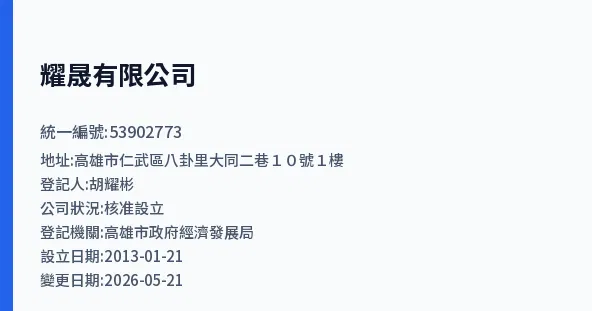 耀晟有限公司的照片-統編 53902773(高雄市) 公司登記資料與營業項目詳細圖表