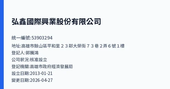 弘鑫國際興業股份有限公司的照片-統編 53903294(高雄市) 公司登記資料與營業項目詳細圖表
