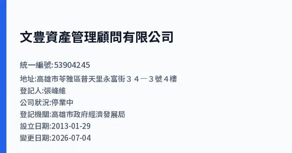 文豊資產管理顧問有限公司的照片-統編 53904245(高雄市) 公司登記資料與營業項目詳細圖表