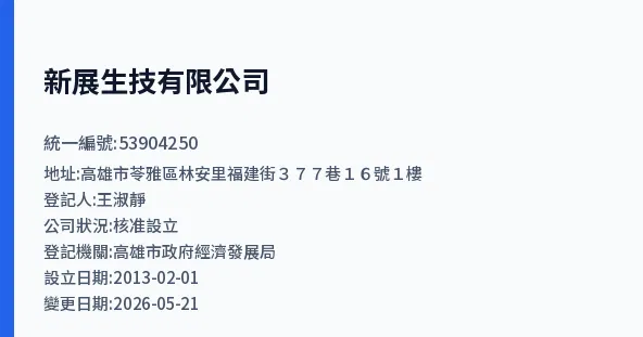 新展生技有限公司的照片-統編 53904250(高雄市) 公司登記資料與營業項目詳細圖表