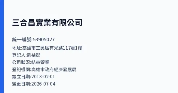 三合昌實業有限公司的照片-統編 53905027(高雄市) 公司登記資料與營業項目詳細圖表