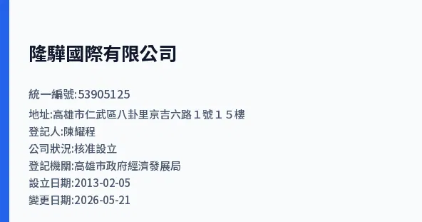 隆驊國際有限公司的照片-統編 53905125(高雄市) 公司登記資料與營業項目詳細圖表