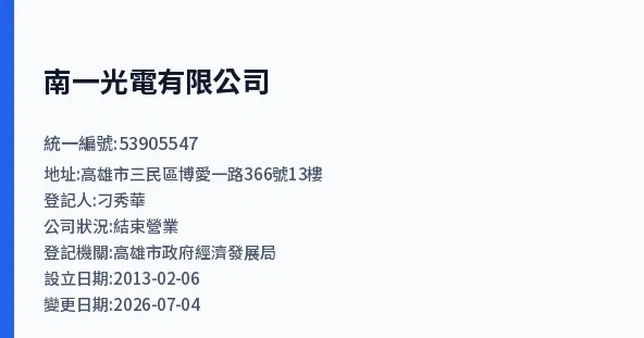 南一光電有限公司的照片-統編 53905547(高雄市) 公司登記資料與營業項目詳細圖表