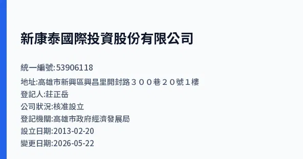 新康泰國際投資股份有限公司的照片-統編 53906118(高雄市) 公司登記資料與營業項目詳細圖表