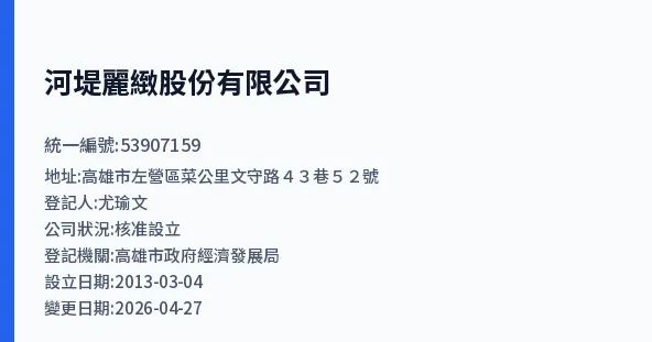 河堤麗緻股份有限公司的照片-統編 53907159(高雄市) 公司登記資料與營業項目詳細圖表