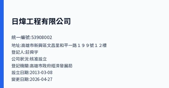 日煒工程有限公司的照片-統編 53908002(高雄市) 公司登記資料與營業項目詳細圖表