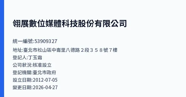 翎展數位媒體科技股份有限公司的照片-統編 53909327(臺北市) 公司登記資料與營業項目詳細圖表