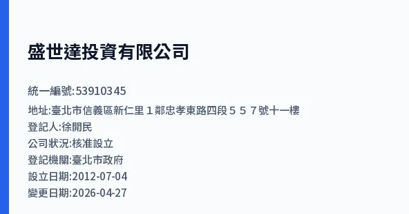 盛世達投資有限公司的照片-統編 53910345(臺北市) 公司登記資料與營業項目詳細圖表
