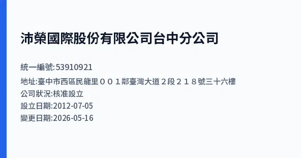 沛榮國際股份有限公司台中分公司的照片-統編 53910921(臺中市) 公司登記資料與營業項目詳細圖表
