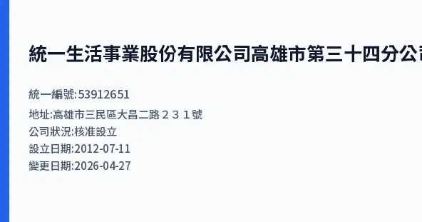 統一生活事業股份有限公司高雄市第三十四分公司的照片-統編 53912651(高雄市) 公司登記資料與營業項目詳細圖表