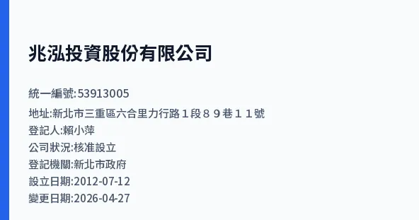 兆泓投資股份有限公司的照片-統編 53913005(新北市) 公司登記資料與營業項目詳細圖表