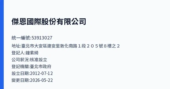 傑恩國際股份有限公司的照片-統編 53913027(臺北市) 公司登記資料與營業項目詳細圖表