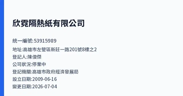 欣霓隔熱紙有限公司的照片-統編 53915989(高雄市) 公司登記資料與營業項目詳細圖表
