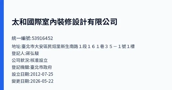 太和國際室內裝修設計有限公司的照片-統編 53916452(臺北市) 公司登記資料與營業項目詳細圖表