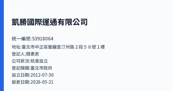 凱勝國際運通有限公司的照片-統編 53918064(臺北市) 公司登記資料與營業項目詳細圖表