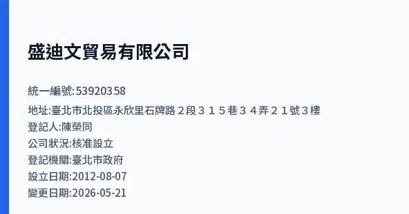 盛迪文貿易有限公司的照片-統編 53920358(臺北市) 公司登記資料與營業項目詳細圖表