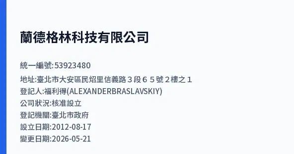 蘭德格林科技有限公司的照片-統編 53923480(臺北市) 公司登記資料與營業項目詳細圖表