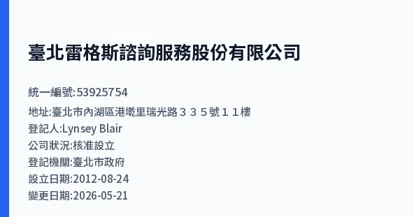 臺北雷格斯諮詢服務股份有限公司的照片-統編 53925754(臺北市) 公司登記資料與營業項目詳細圖表