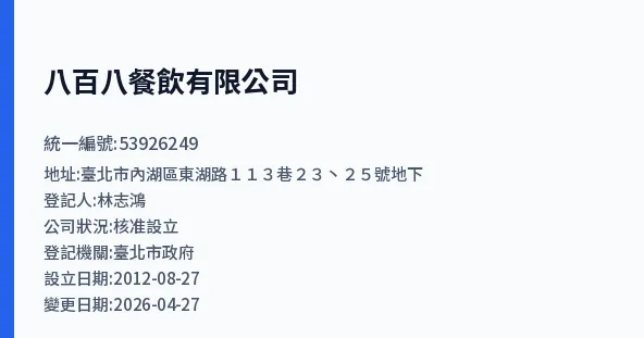 八百八餐飲有限公司的照片-統編 53926249(臺北市) 公司登記資料與營業項目詳細圖表