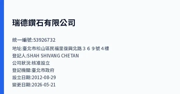 瑞德鑽石有限公司的照片-統編 53926732(臺北市) 公司登記資料與營業項目詳細圖表