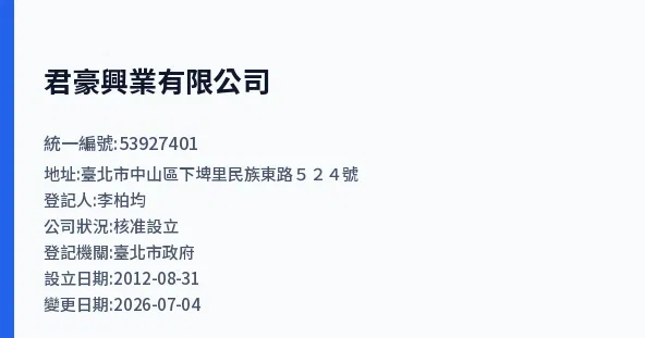 君豪興業有限公司的照片-統編 53927401(臺北市) 公司登記資料與營業項目詳細圖表
