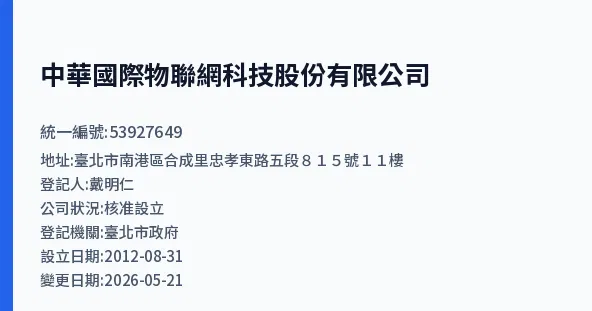 中華國際物聯網科技股份有限公司的照片-統編 53927649(臺北市) 公司登記資料與營業項目詳細圖表